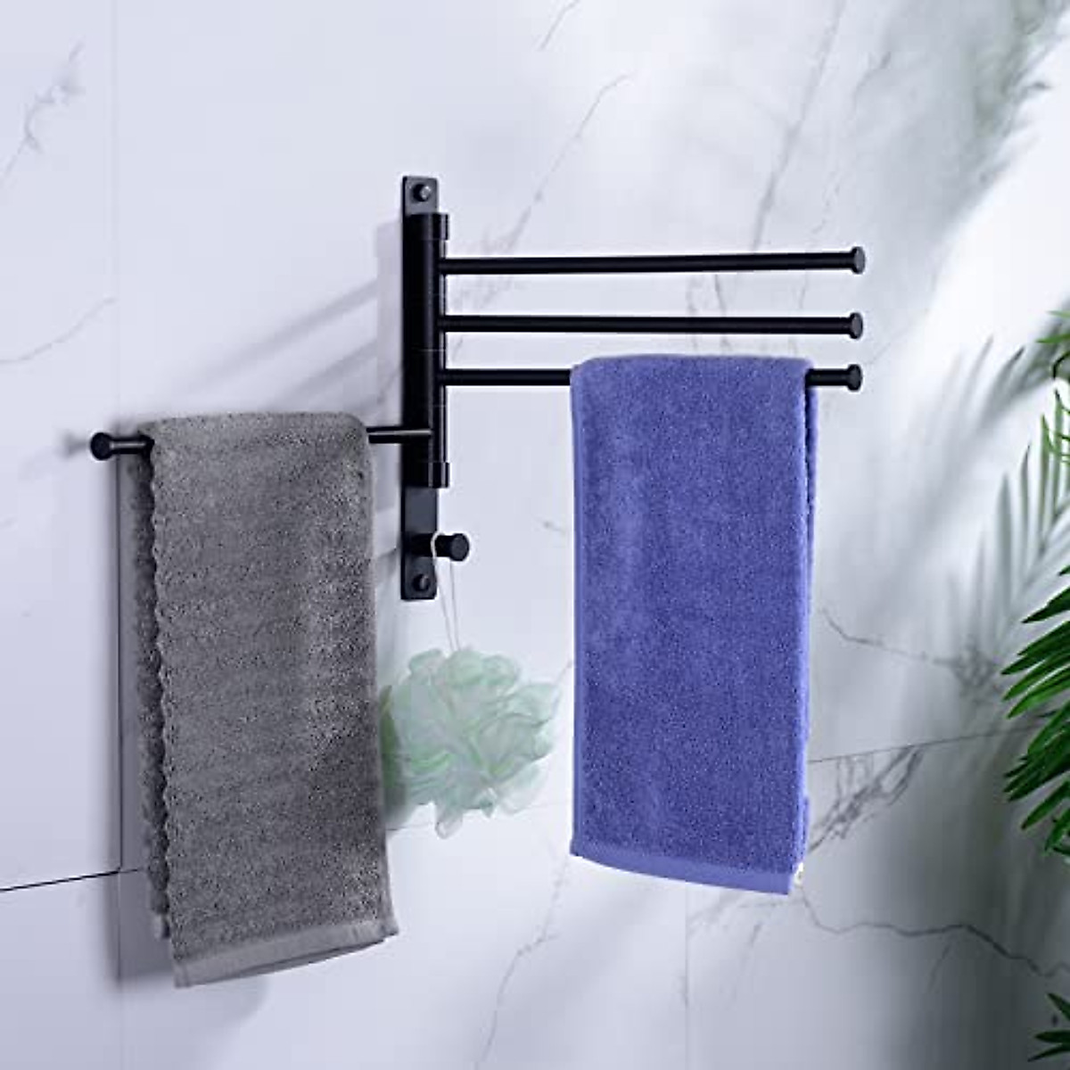 DIKUROOMS Swivel Towel Bars SUS 304 Stainless Steel 4-Arm for Bathroom Wall Mounted Swivel Towel Rack with Hooks Towel Hanger Space Saving Organizer Holder,Matte Black