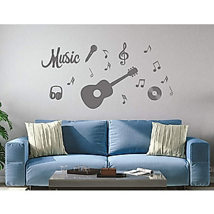 Guitar Music Wall Decal Sticker Musical Notes Music Notes Wall Decor Music Art Home Decor Vinyl Wall Mural Home Music Art Decoration Wall Stickers (1*Black+1*Grey)