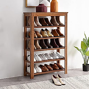 PETKABOO Shoe Rack 5 Tier Entryway Bamboo Shelf Organizer Storage with Large Table Surface for Entryway Living Room Closet Tall Bamboo Shoe Rack (24" L,Brown)