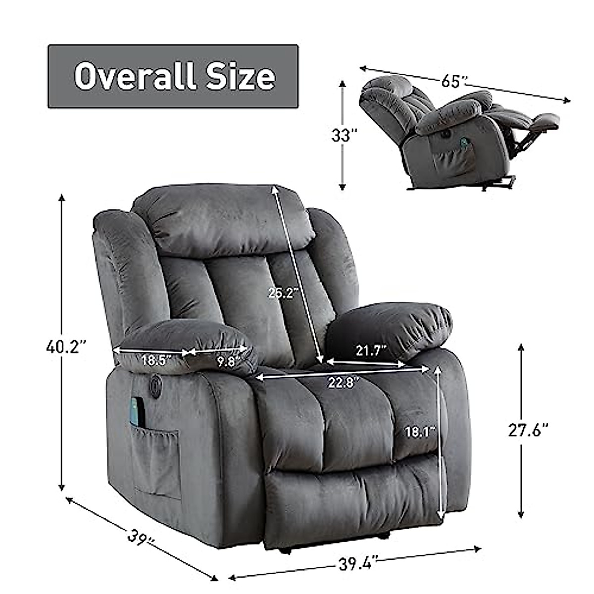 Phoenix Home Overstuffed Power Lift Recliner, Light Grey