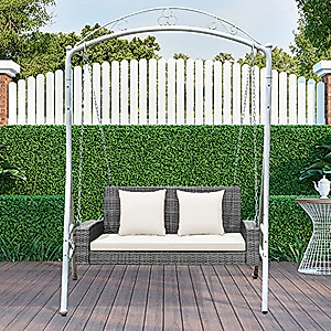 RELAX4LIFE 2-Person Porch Swing Bench - PE Rattan Outdoor Swing Chair with Comfortable Seat & Back Cushions, Rustproof Metal Chains, Patio Loveseat Swing for Balcony, Garden, Yard, 800 LBS (Off White)