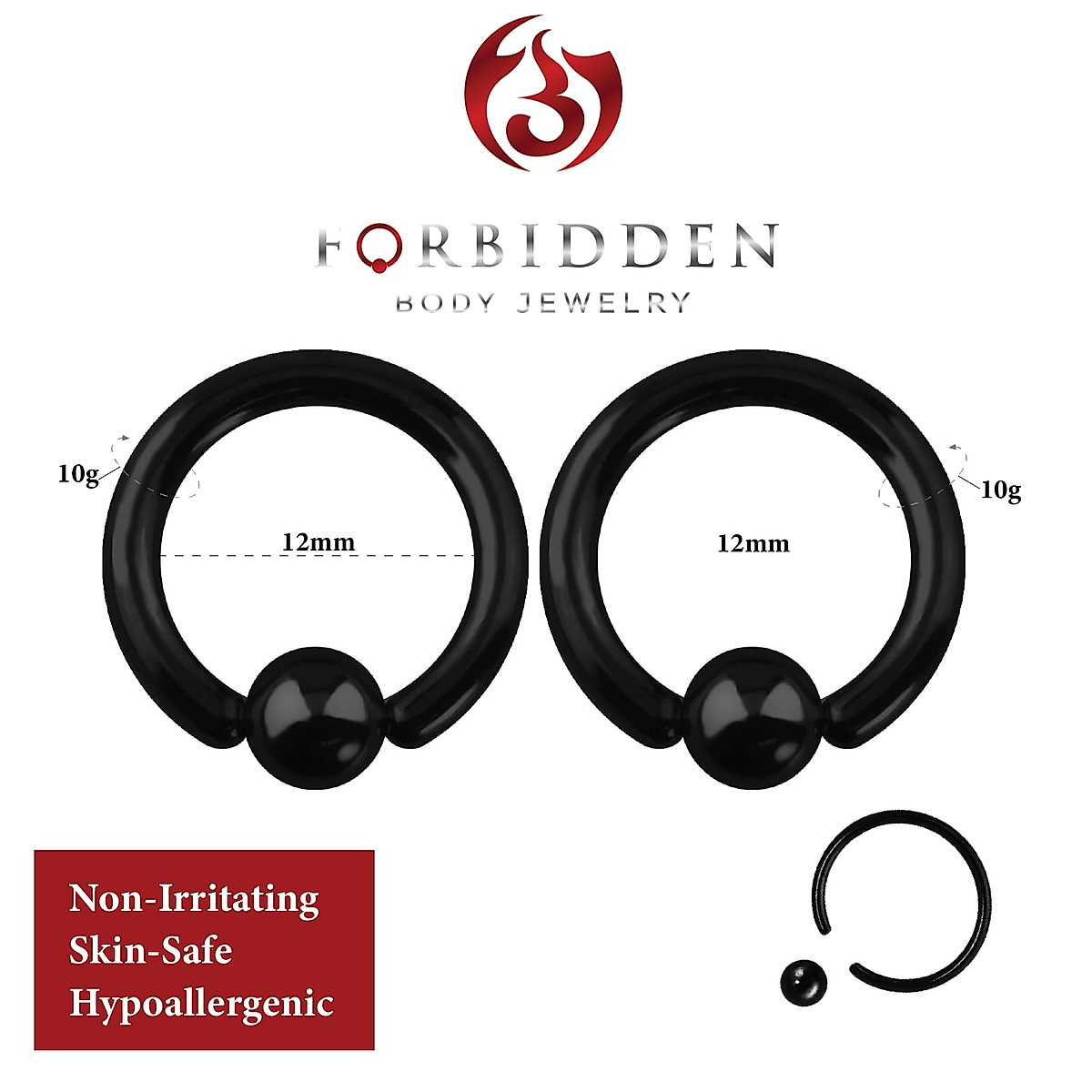 Forbidden Body Jewelry 10g 12mm Black Surgical Steel Captive Bead Body Piercing Hoops (2pcs)