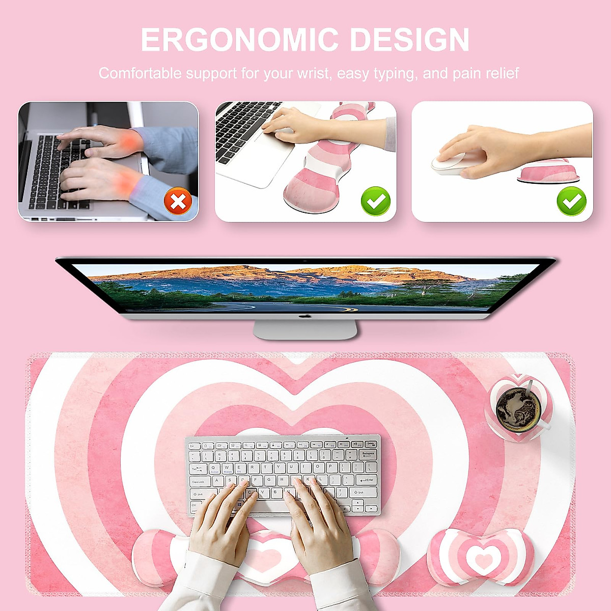 iLeadon Keyboard Mouse Pad Set, Large Gaming Mouse Pad + Keyboard Wrist Rest + Mouse Pad with Wrist Support + Coaster, Easy Typing Pain Relief, Desk Mat Set, Valentines Day Gifts for Her, Pink Heart