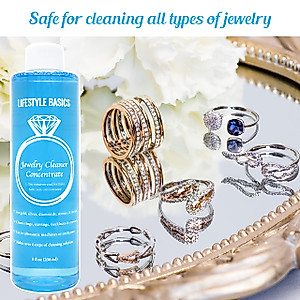 Lifestyle Basics Jewelry Cleaner Solution Liquid Concentrate 8 oz | Cleans Rings, Earrings, Necklaces, Eyewear | Safe for Diamonds, Gold, Silver, Gemstones, and Metals | 1 Bottle Makes 8 Cups