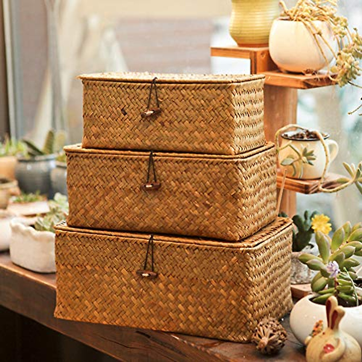 BESPORTBLE Handwoven Natural Seagrass Storage Baskets Rectangular Handmade Wicker Baskets Multipurpose Container with Lid (Size L)