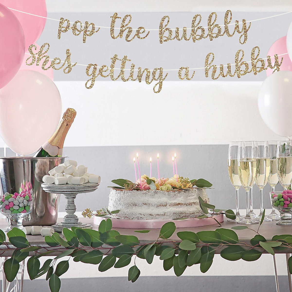 Pre-Strung Pop The Bubbly She's Getting A Hubby Banner - NO DIY - Gold Glitter Bachelorette Bridal Party Banner - Pre-Strung on 8 ft Strand - Bachelorette Party Decorations. Did we mention no DIY?