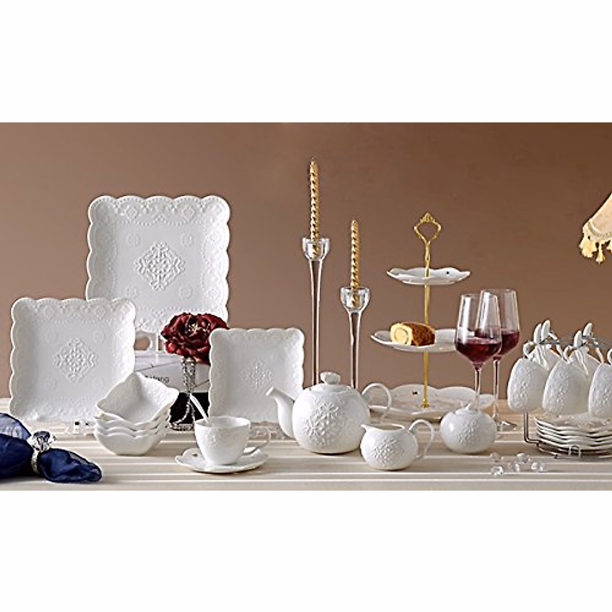 Jusalpha® White Porcelain 5OZ- Tea Cup and Saucer Coffee Cup Set with Saucer and Spoon, Set of 6 (6 Tea Cup Set With Bracket)