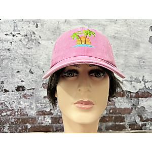 Hepandy Embroidered Palm Tree Hat for Women, Washed Pink Baseball Cap Snapback Hat for Girls, Outdoor Travel Denim Dad Hat Trucker Hat