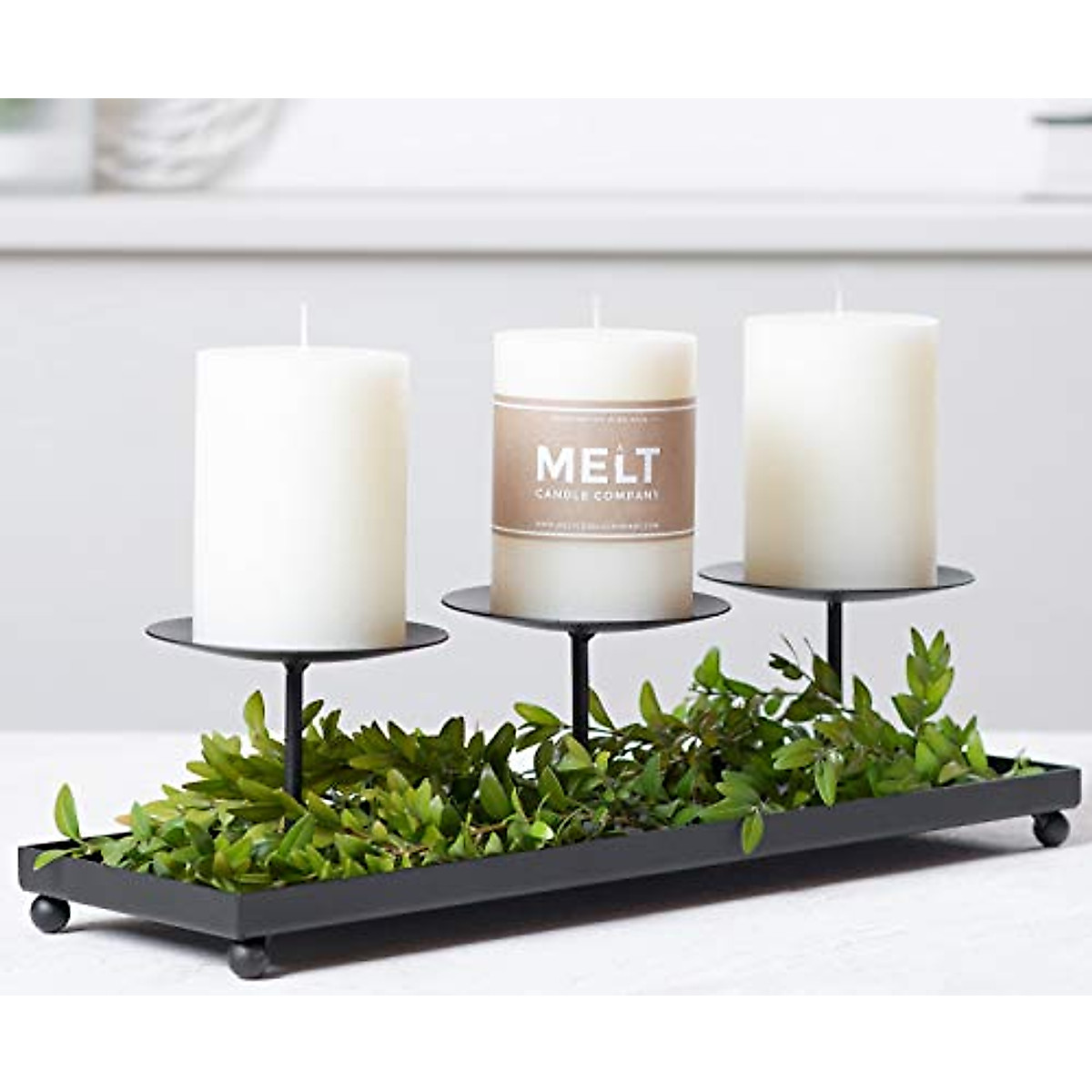 Candles Pillar Holder Tray Black Metal Base for Desk Top Decoration Table or Mantel Centerpiece in Dining & Living Room, Candelabra for Pillar & Sphere Candles, flameless LED (Set of 3)