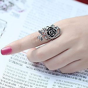 Black Rose Flower Stacking Rings for Women Men Dainty 925 Sterling Silver Plated Ring Delicate Open Adjustable Everyday Ring Charm Personalized Jewelry Vintage Elegant Statement Valentine's Day Birthday Fashion Gifts for Her