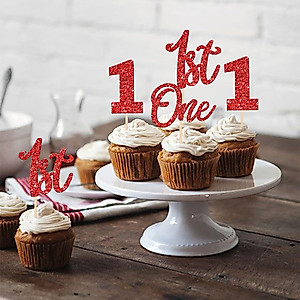 24 PCS One Cupcake Toppers Glitter 1st Birthday Cupcake Picks Number 1 First Birthday One Cake Decorations for Baby Shower Kids 1st Birthday Anniversary Party Supplies Red