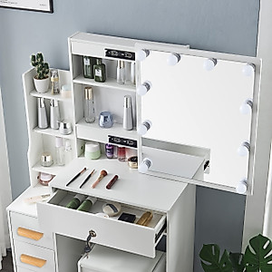 Saihemei Vanity Desk, Makeup Table with Mirror and Lights, Bedroom Table Vanity Set with 4 Drawers, 3 Lighting Modes Brightness Adjustable for Women Girls