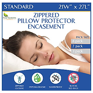Four Seasons Essentials Standard Pillow Protectors (Set of 2) – Zippered Waterproof Pillow Covers Hypoallergenic Dust Proof Pillowcase Encasement Cover
