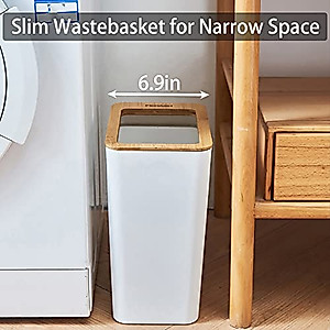 Doyingus Slim Wastebasket 2.6 Gal, Small Trash Can with Bamboo Lid Rectangular Plastic Garbage Can for Bathroom, Bedroom, Kitchen, Office, Living Room (White)