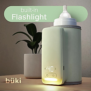 Büki Portable Bottle Warmer for Breastmilk or Baby Formula - Fast Heating + Leak-Proof + Adjustable Travel Warmer with Battery-Powered Temperature Display, Flashlight - 6000MAH Rechargeable Battery