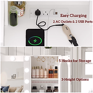 Irontar Vanity Desk with Charging Station, 46.7''L Makeup Vanity Table with Open Shelves & 5 Hooks, Dressing Desk with Drawers, Makeup Table with Side Drawer Cabinet, White WDT013W