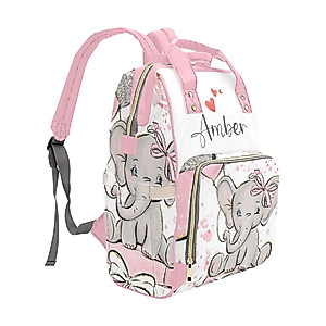 Anneunique Cute Elephant Pink Flowers Diaper Bags Backpack with Name Personalized Baby Bag Nursing Nappy Bag Travel Tote Bag Gifts for Mom Girl, 10.83 x 6.69 x 15 Inch