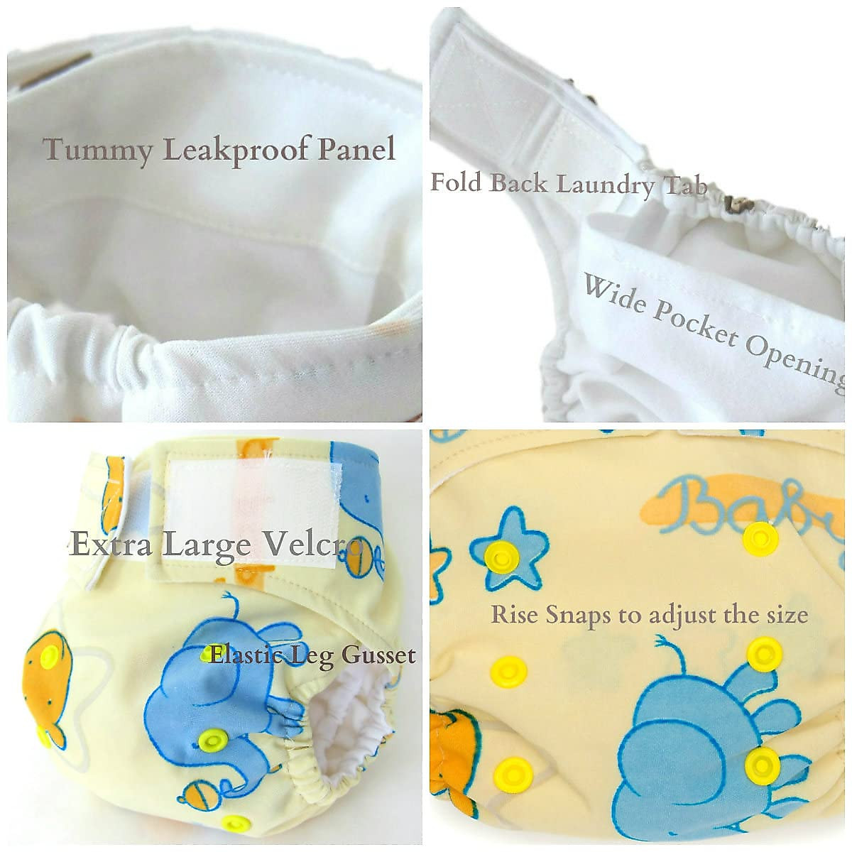 KaWaii Baby Reusable Newborn Cloth Diapers, Waterproof Washable Pocket Nappy, 6 Diapers + 12 Diaper Inserts Boys Girls 6–22 Pounds/0-18 Months