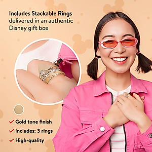 DISNEY Mickey Mouse Heart 3 Piece Stackable Ring Set for Women, Girls in Authentic Jewelry Gift Box, Gold Tone with Character Shape, Crystal Accent Designs, Fits Size 5-7