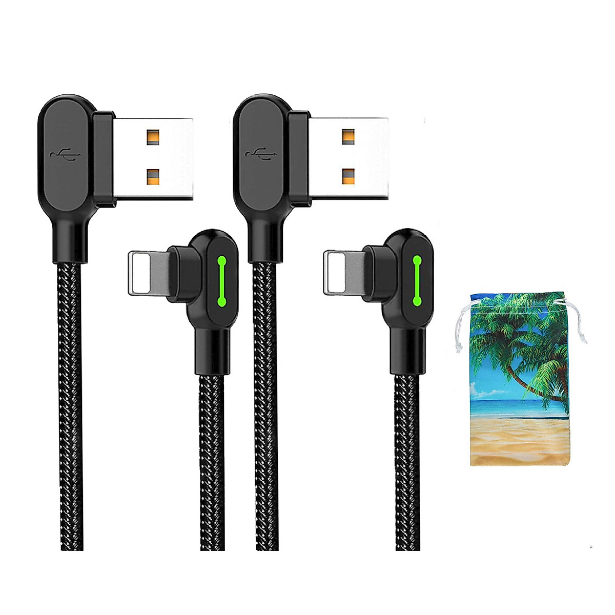(2 Pack + iPhone Bag) USB 90 Degree Right Angle Design Gaming iPhone LED Nylon Braided Sync Charge New USB Reversible Data 6FT/1.8M Cable Compatible iPhone/iPad Pro/Air,iPad Mini,iPod (6FT Black)