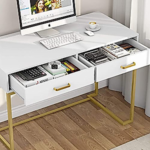 Tribesigns White and Gold Desk with 2 Drawers, White Writing Desk, 40 Inches Computer Desk, Simple and Modern Desk