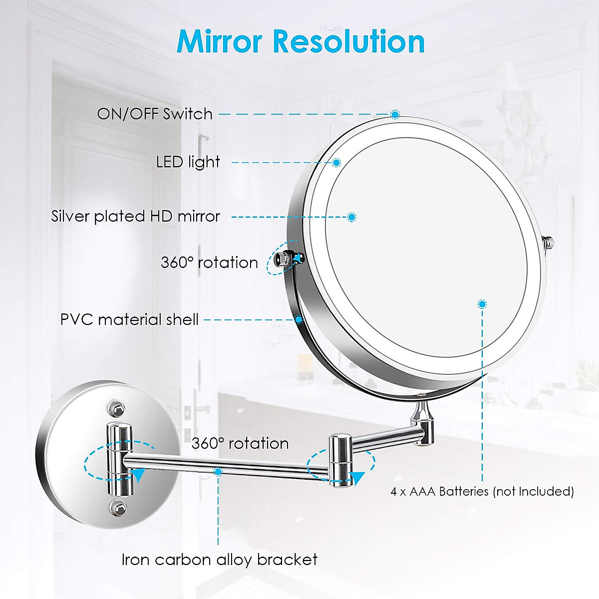 ALVOROG Wall Mounted Makeup Mirror LED Lighted Double Sided 5X Magnification 360° Swivel Extendable Cosmetic Vanity Mirror for Bathroom Hotels, Powered by Batteries (Not Included)-7 inches