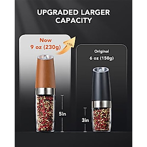 FORLIM Upgraded 9 Oz Capacity Gravity Electric Salt and Pepper Grinder Set, Battery Powered One Hand Operation Refillable Automatic Pepper Grinder Adjustable Coarseness(Wood grain)