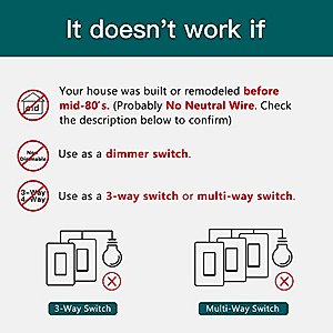 TREATLIFE Smart Light Switch Single Pole Smart Switch Works with Alexa, Google Home and SmartThings, 2.4GHz Wi-Fi Timer Light Switch, Neutral Wire Required, No Hub Required, ETL Listed, FCC, 4 Pack