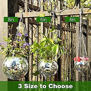 RUBY.Q Disco Ball Planter, 4"/6"/8" Silver/Rose Gold Disco Planter, Disco Ball Plant Hanger with Rope Chain Circle (8", Silver)