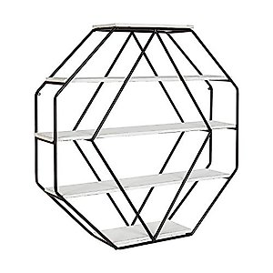 Kate and Laurel Lintz Large Octagon Shaped Floating Wood Book Shelves for Decorative Wall Storage, Black Metal Frame with White Shelves