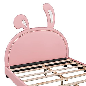 Merax Full Size Upholstered Leather Platform Bed with Bunny Ears Headboard, Platform Bed Frame with Rabbit Ornament for Kids, Child's Bedroom, No Box Spring Needed, Pink