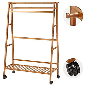 Azaeahom Bamboo Clothing Rack, Garment Coat Clothes Hanging Movable Duty Rack, 5-in-1 Shoe Hat Storage Organizer Shelves for Bedroom, Entrance, Home