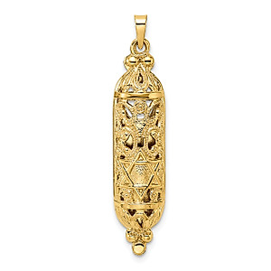 Avariah 14k Yellow Gold Polished and Textured Solid Mezuzah Pendant - 40mm