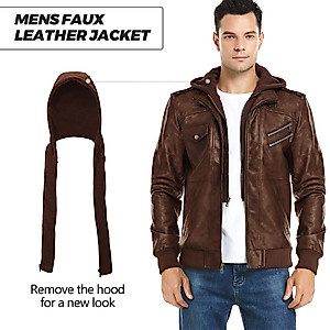 JYG Men's Faux Leather Jacket Stand Collar Motorcycle Bomber Jackets with Removable Hood (Brown,M)