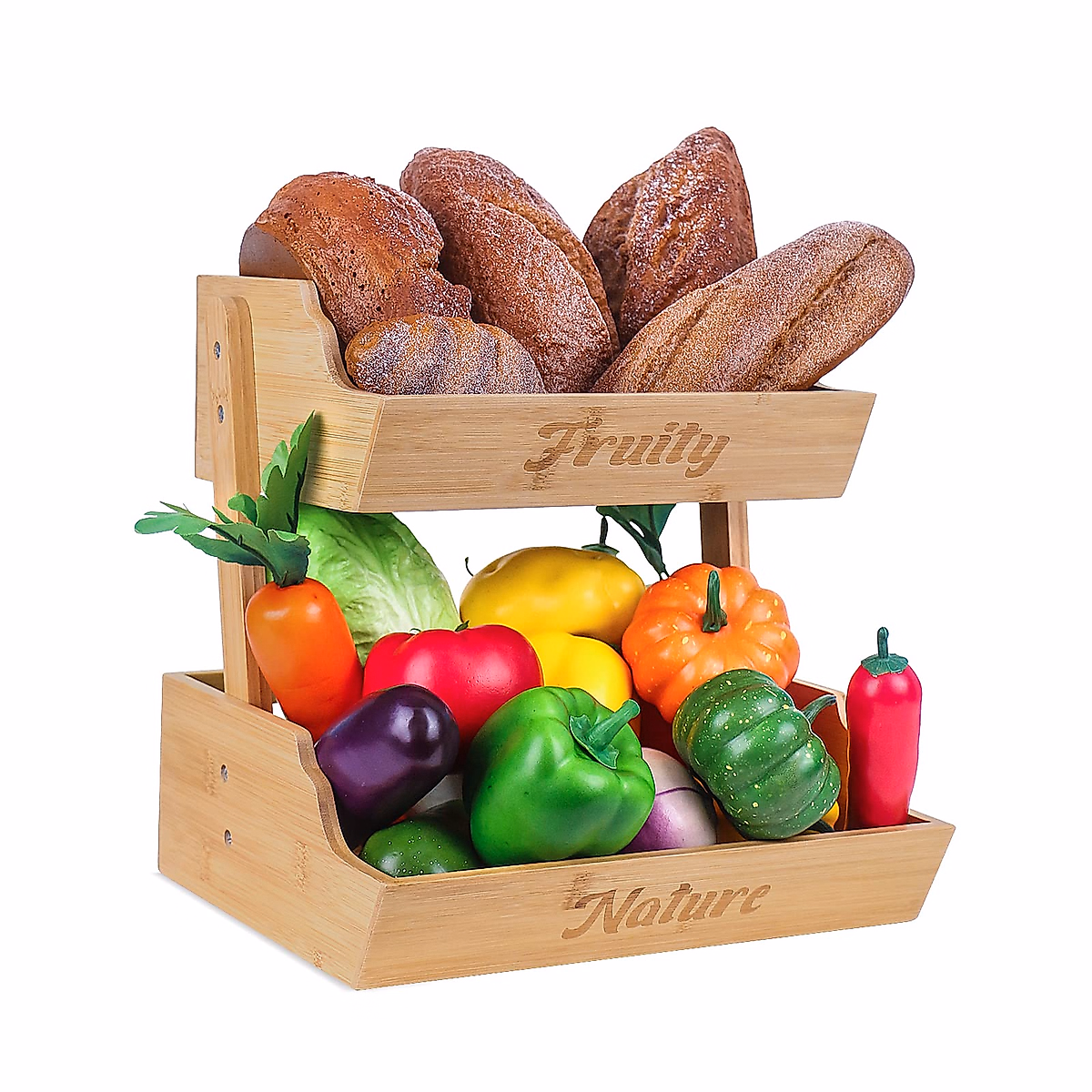 Lunavita 2 Tier Bamboo Fruit Basket, Fruit Stand, Large Fruit Vegetable Storage for Kitchen Countertop,Fruit Holder for Vegetables, Bread,Drinks, Snack Storage and Display