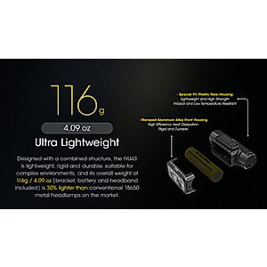 Nitecore NU43 Rechargeable Headlamp, 1400 lumens USB-C Bright Lightweight for Camping, Running, or Working, with Spotlight, Floodlight, Red Light
