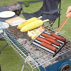 Sufune Hot Dog Roller for Girll,Hotdog Roller Grill Sausage Roller Stainless Steel Rack with Extra Long Wood Handle,BBQ Hot Dog Girller for Evenly Cooked Hot Dog,5 Hot Dog Capacity