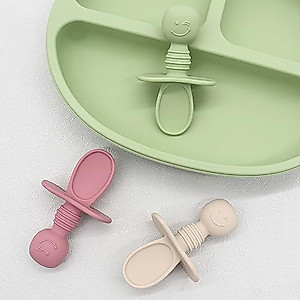 Silicone Baby Spoons Self Feeding 3+ Months - Infant Toddler Utensils - First Stage Baby Led Weaning Feeding Supplies - Set of 3 Pack (Smile Style)