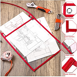 50 Pack Job Ticket Holders Work Order Holder Pockets for 9 x 12 Inch Hanging Sleeve Plastic Shop Ticket Holders with Strap, Both Sides Clear(Red)