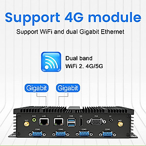 Kinupute Industrial Mini PC, Fanless Desktop Computer Core i7-5500U 2.4-3.0GHz, Windows 10 Pro, 16G RAM, 512G SSD, 2xNICs, 6xCOM RS232, 4xUSB 3.0, HDMI/VGA Ports, Auto Power On, Full Metal Case
