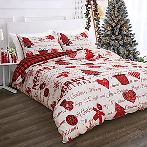 Lyacmy Merry Christmas Bedding Set Queen Size Christmas Tree Duvet Cover 3 Pieces Comforter Cover Set Snowflake Bedding Cover Quilt Cover with Zipper Closure Corner Ties (1 Duvet Cover, 2 Pillowcase)