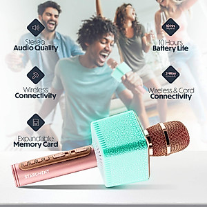 STARUMENT 3 in 1 Wireless Bluetooth Karaoke Microphone with LED Lights, Black Portable Microphone for Kids, Girls and Boys (Rose Gold)