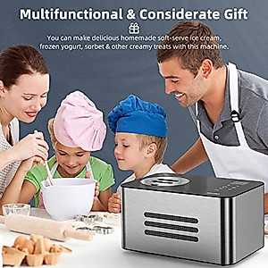 Ice Cream Maker, UKKISO 1.5 Quart Automatic Electronic Gelato Maker with 4 Operation Modes, Built-In Compressor, Portable Homemade Dessert Maker with Spoon, Ice Cream Machine for Home