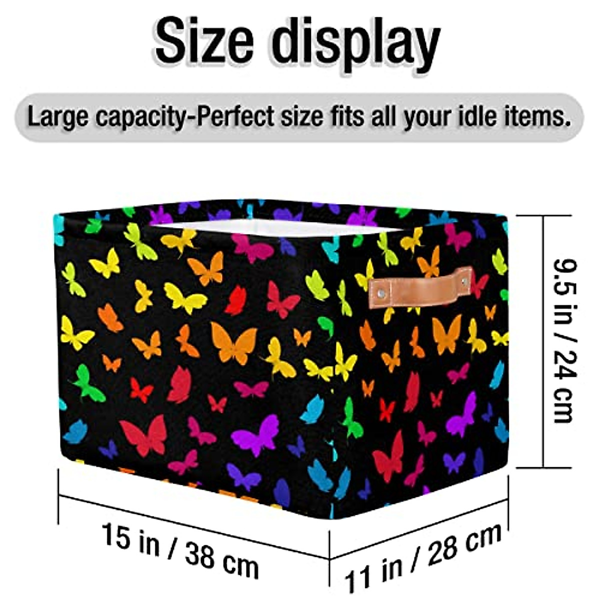 Pardick Large Collapsible Storage Bins ,Butterfly Rainbow Decorative Canvas Fabric Storage Boxes Organizer with Handles，Rectangular Baskets Bin for Home Shelves Closet Nursery Gifts