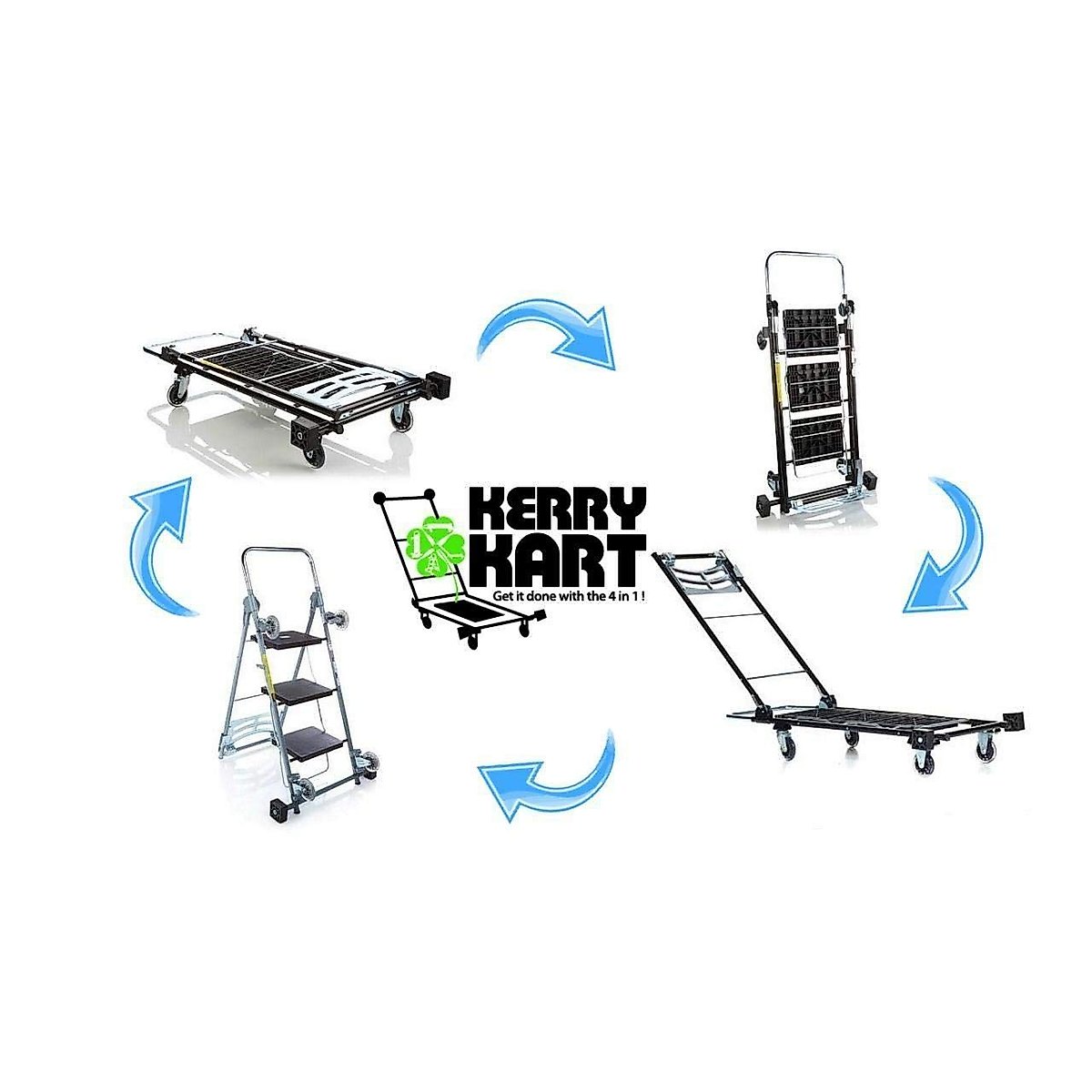 Kerry Kart 4-in-1 Rolling Utility Cart, Trolley and Moving Dolly with Folding 3-Step Ladder – Move Boxes, Furniture and Appliances with 1 Foldable Cart and Step Stool (Red)
