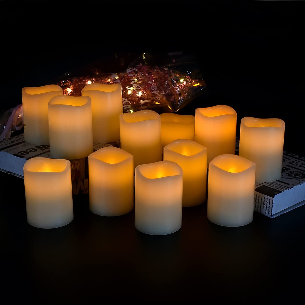 Vickiss Flameless Candles LED Candles Set of 12 (D:3" X H:4") Battery Operated Candles Flickering Bulb Pillar Ivory Real Wax Electric Candles with Remote and Timer for Home Decoration