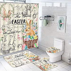 4 Pcs Easter Shower Curtain Sets with Non-Slip Rugs, Toilet Lid Cover, Bath Mat and 12 Hooks, Pink Rose Bunny Rabbit and Easter Eggs Spring Shower Curtains for Easter Day Bathroom Decoration