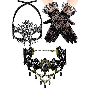 Boao Masquerade Costume Set for Women, Lace Masquerade Mask Gloves Black Gothic Choker Necklace Cosplay Accessories (Elegant Style)