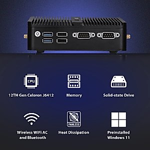 VENOEN Fanless Mini PC Windows 11, 12th Gen Celeron J6412, 8GB DDR4 RAM, 256GB SSD, 2.5inch SATA, Dual HD-MI, DP, 3-Display, 2* DB9 COM, 2* RJ45 LAN, Mini PCI E WiFi, BT, Small Computer, Low Power