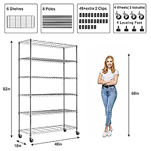 YYkokocat 6-Tier Adjustable Storage Shelves Heavy Duty Wire Shelving Unit with Wheels 2100Lb Metal Layer Rack Shelf NSF Shelving for Closet Kitchen Garage, 82" H x 48" L x 18" D - Chrome